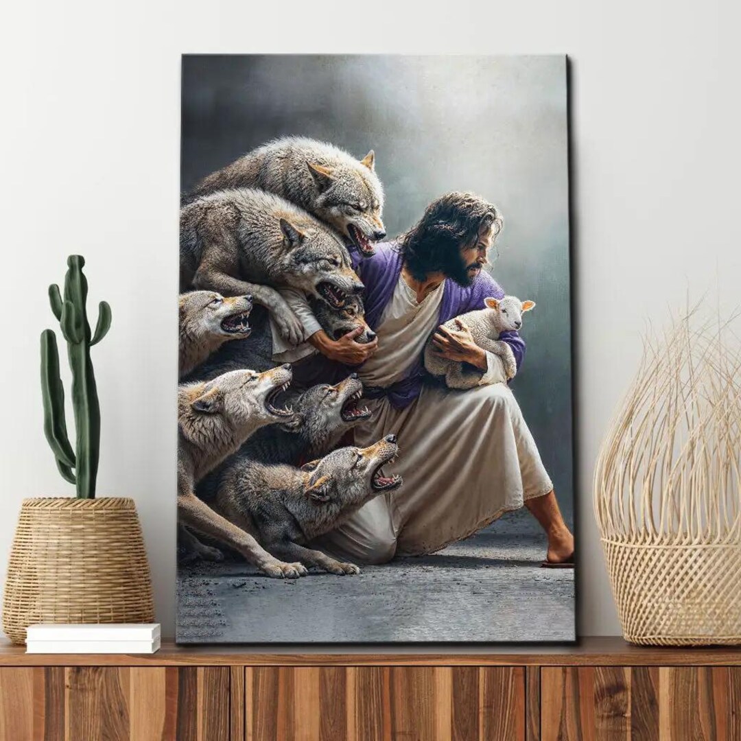 Jesus Protects the Lamb From Wolves Wall Art Canvas, Christian Home ...