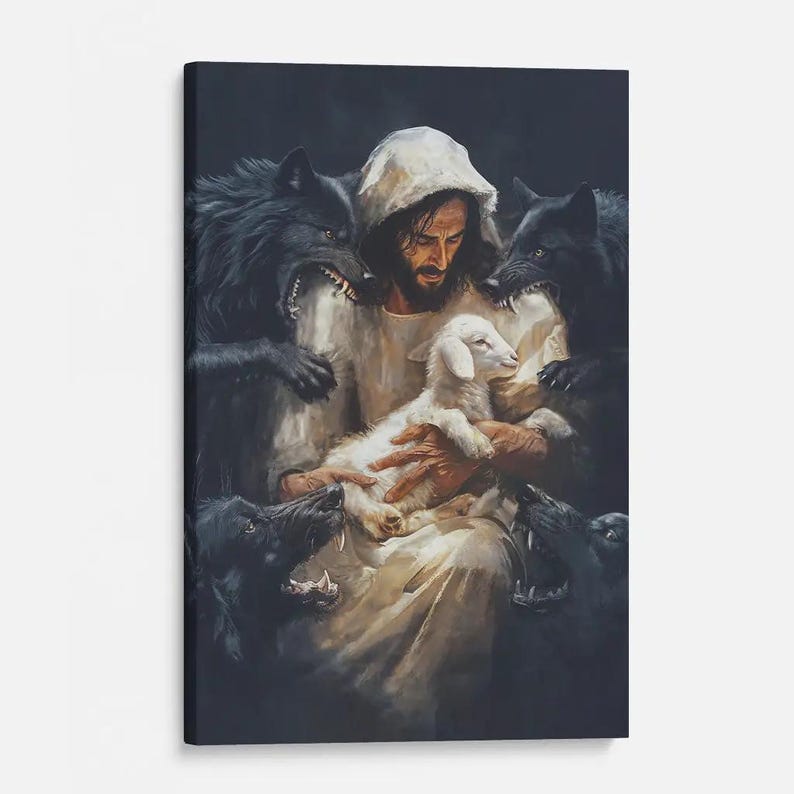 Jesus the Good Shepherd Protecting His Lamb From the Wolves – Wall Art ...