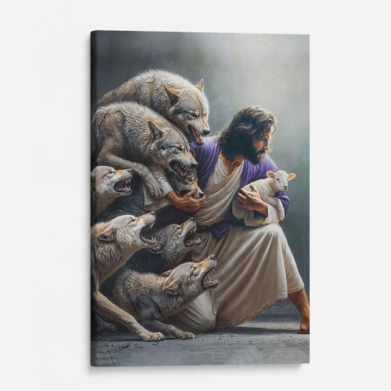 Jesus Protects the Lamb From Wolves Wall Art Canvas, Christian Home ...