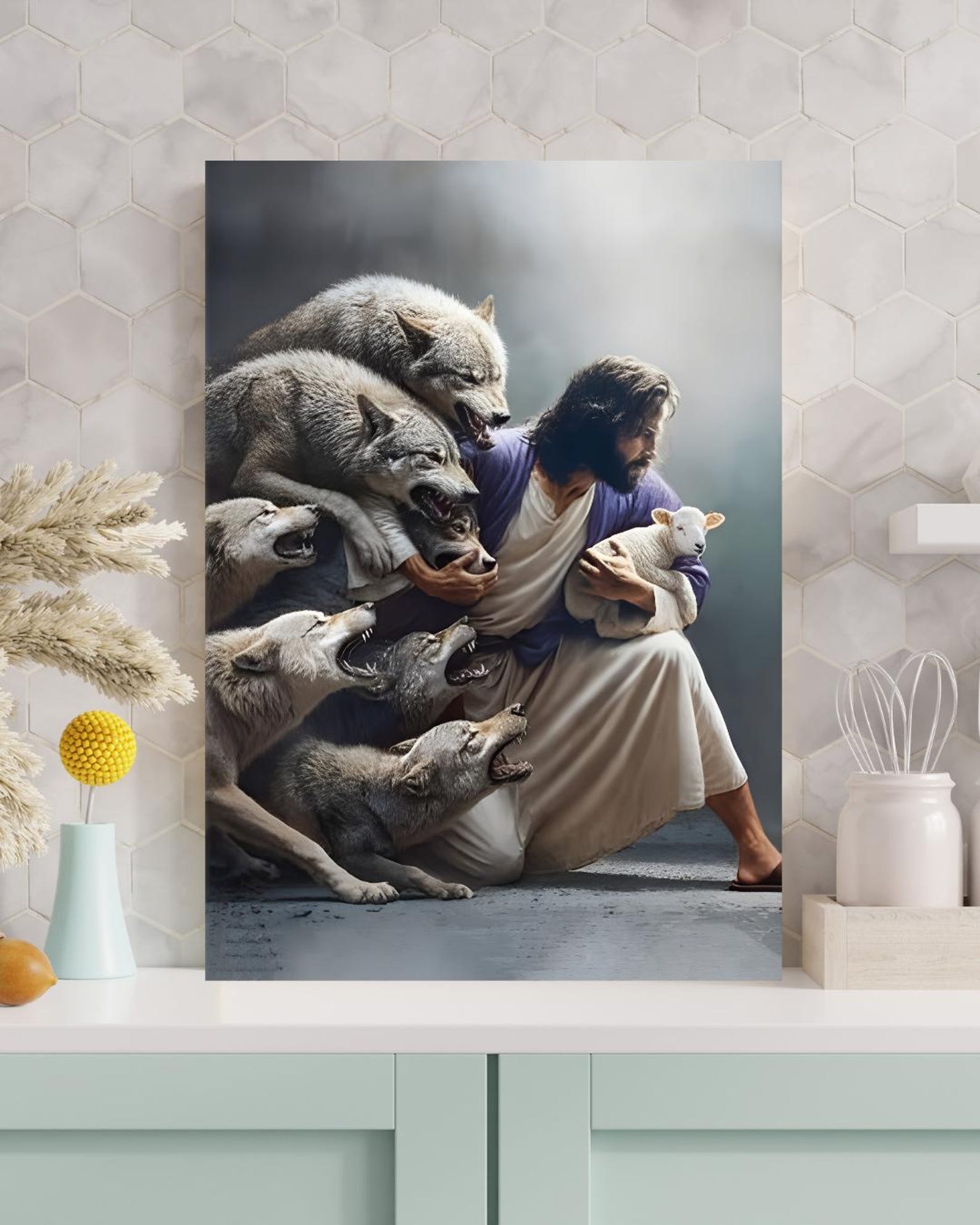 Jesus Protects the Lamb From Wolves Wall Art Canvas, Christian Home ...