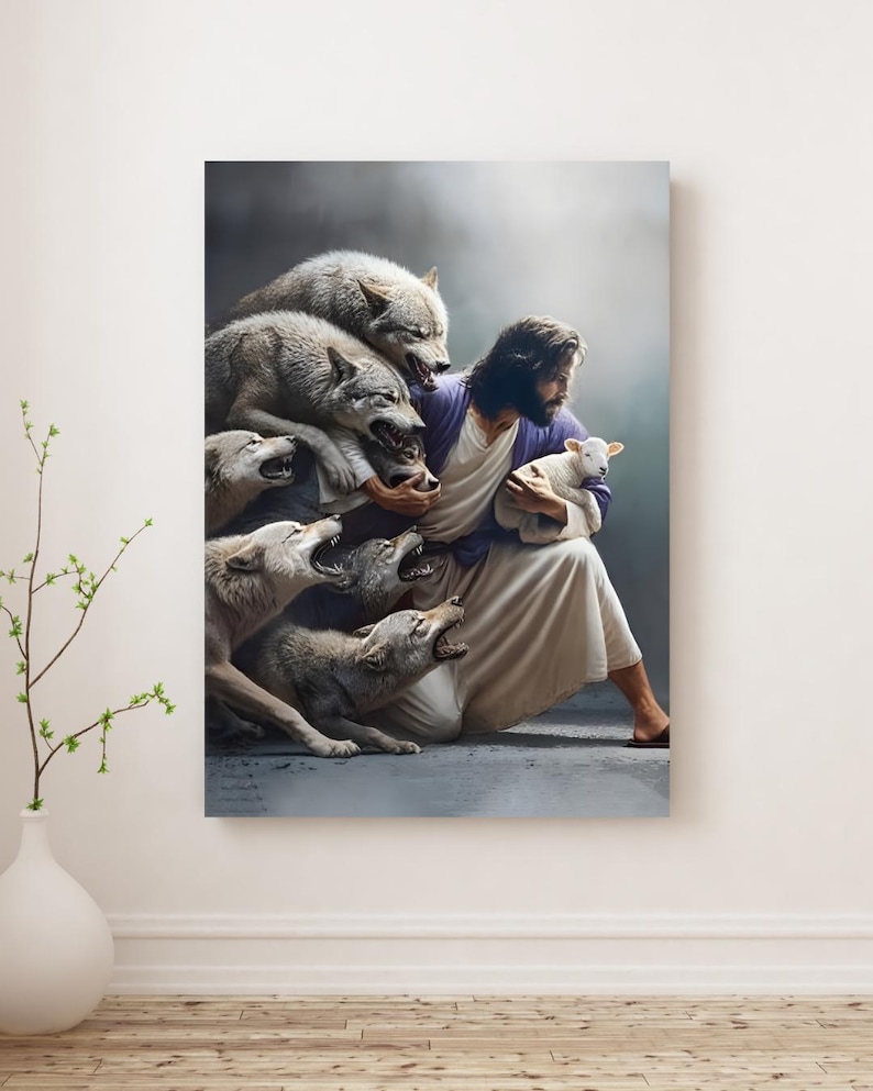 Jesus Protects the Lamb From Wolves Wall Art Canvas, Christian Home ...