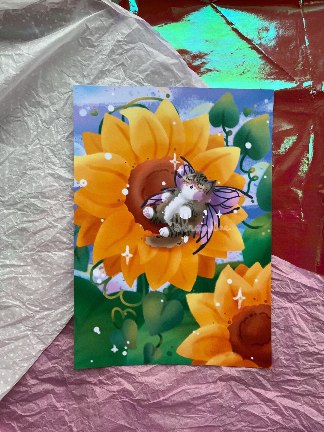 Sunflower Flower Fairy Cat A4 and A5 Illustrated Art Print | Handmade ...
