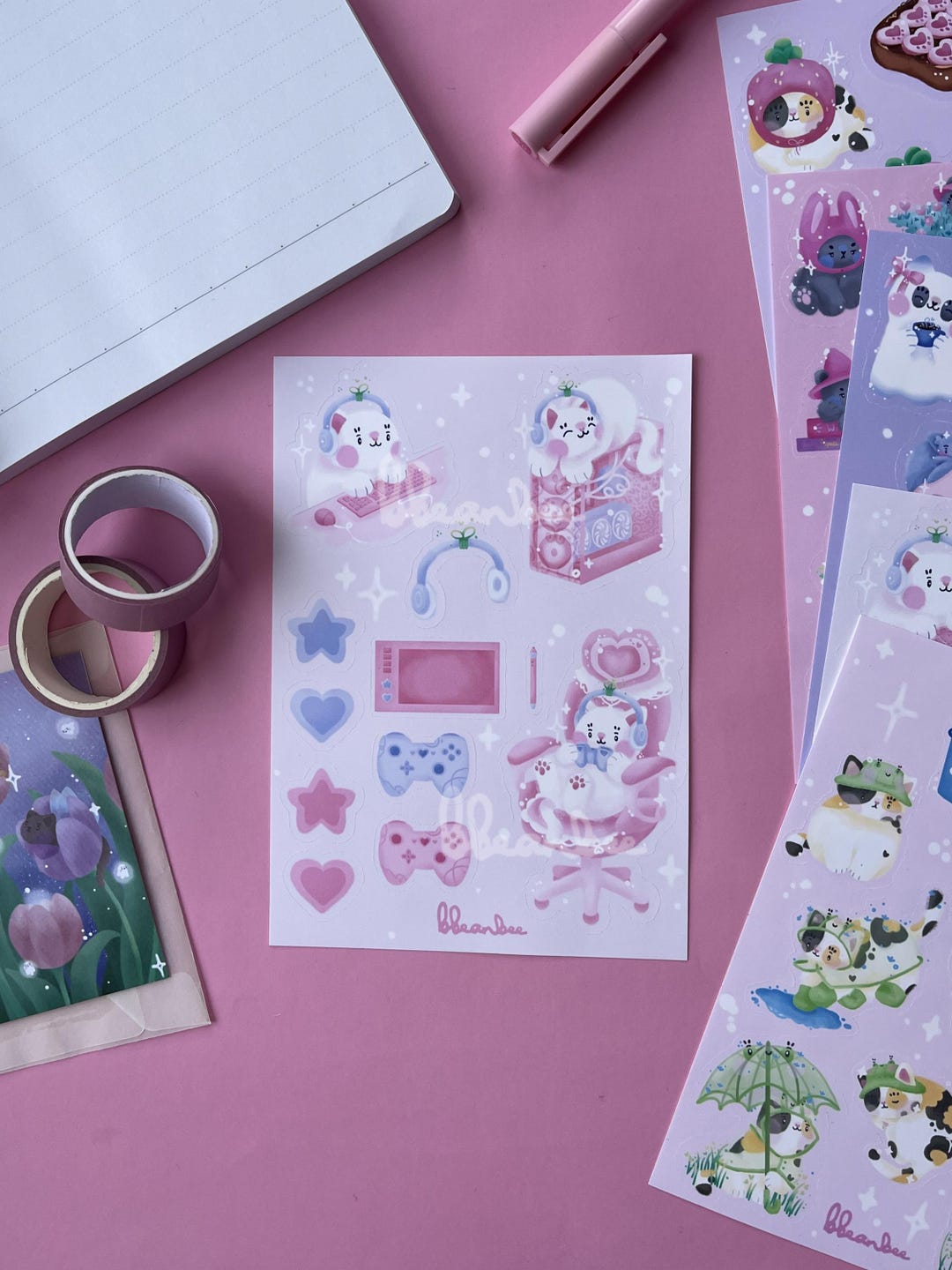 Pink Cosy Gaming Cat Sticker Sheet | A6 Handmade Matte and Glossy Vinyl ...