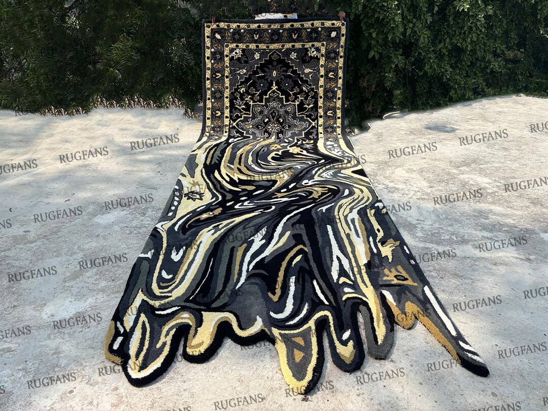 Melting Runner Irregular Black Hand Tufted Woolen Area Rug for Living ...