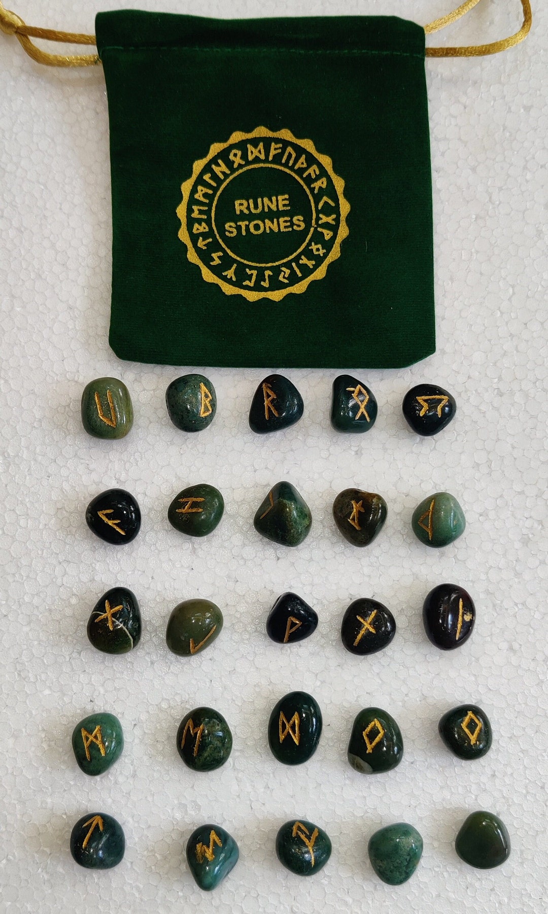 Green Jade Rune Stone Set Natural Green Jade With Velvet Storage Pouch ...