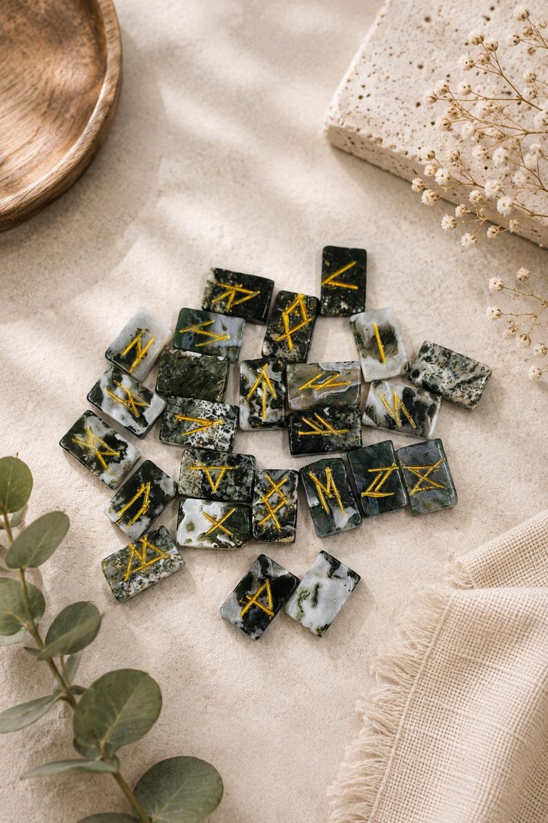 Moss Agate Runes Set, 25 Elder Futhark Rune Stones, Engraved Crystal ...