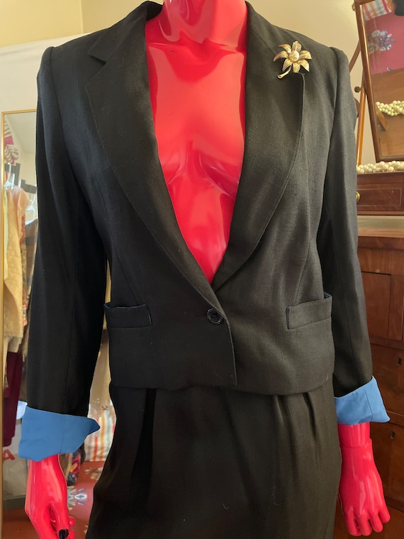 Vintage Louis Feraud Paris Black Suit Trimmed in Blue… - Gem