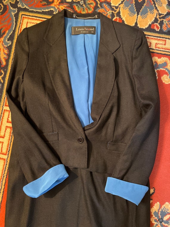 Vintage Louis Feraud Paris Black Suit Trimmed in Blue… - Gem