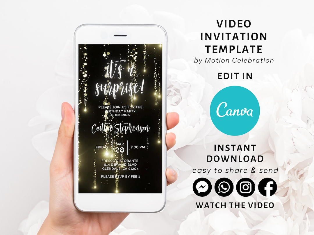 Surprise Birthday Video Invitation, Gold Lights MP4 Evite, Editable ...