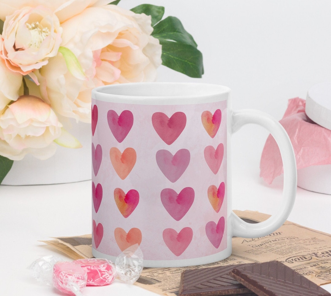 Valentines Day Gift Heart Mug Pink Hearts Mug Cute Pink Coffee Mug ...