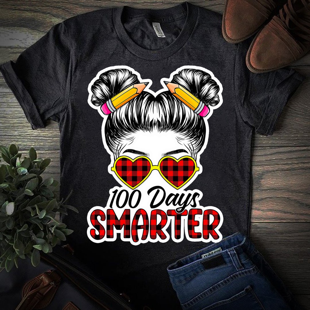 100 Days Smarter Girls Messy Bun Hair Red and Black Buffalo Plaid 100th ...