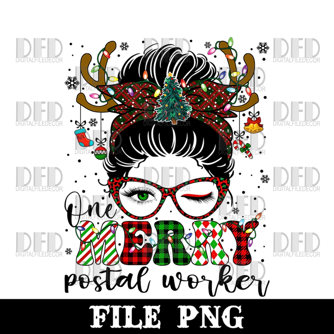 One Merry Postal Worker Leopard Messy Bun Buffalo Plaid Christmas Png Digital Download Etsy