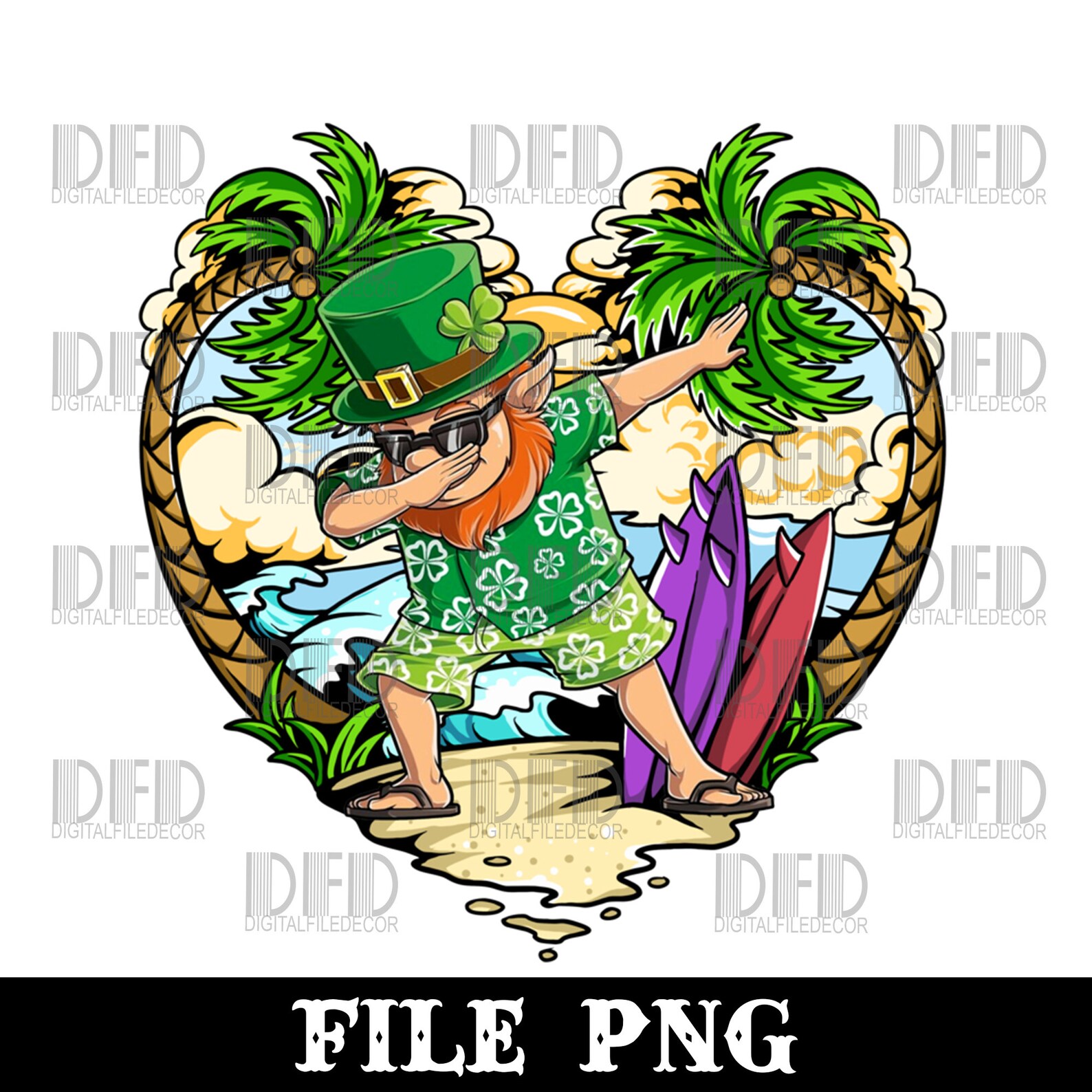 Leprechaun Hawaiian Surfing Beach Heart St Patricks Day Png - Etsy