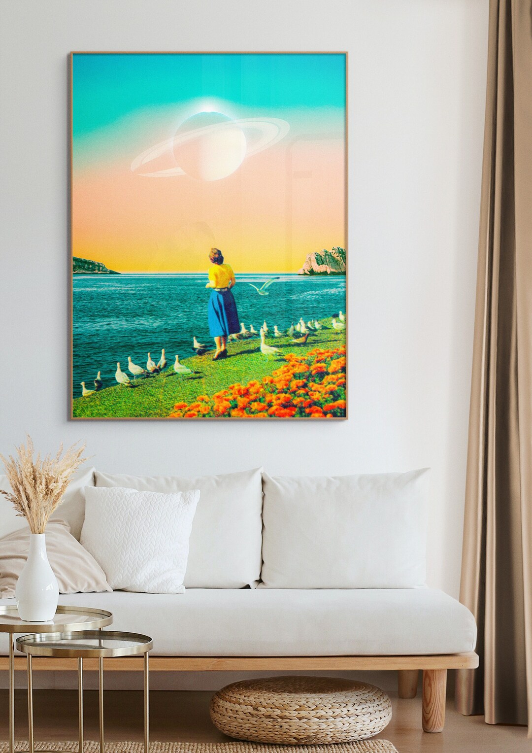 Retro-futuristic Saturn Collage Art Print: Surreal Beach Scene - Etsy