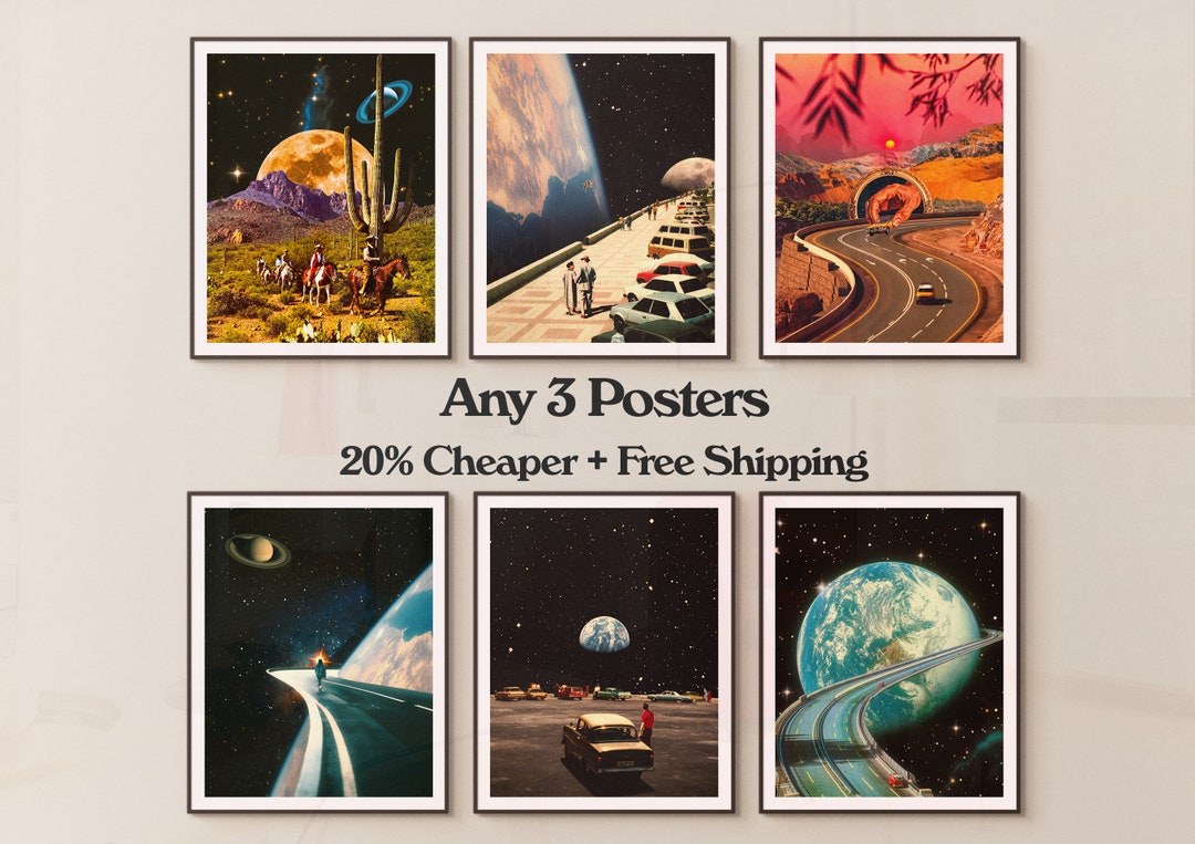 3 POSTER BUNDLE Retro Futuristic Collage Art Vintage Space Travel Retro ...