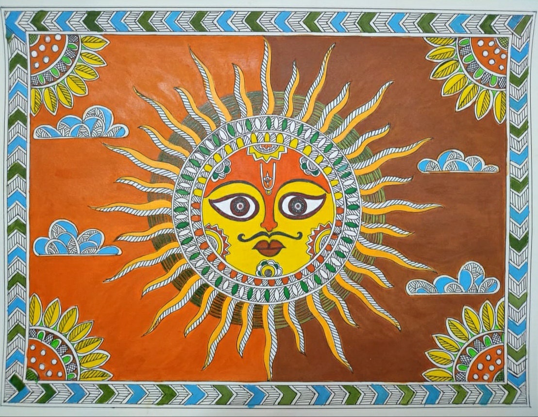 Sun God Folk Art of India Hand Painted Madhubani Painting on A3 Size ...