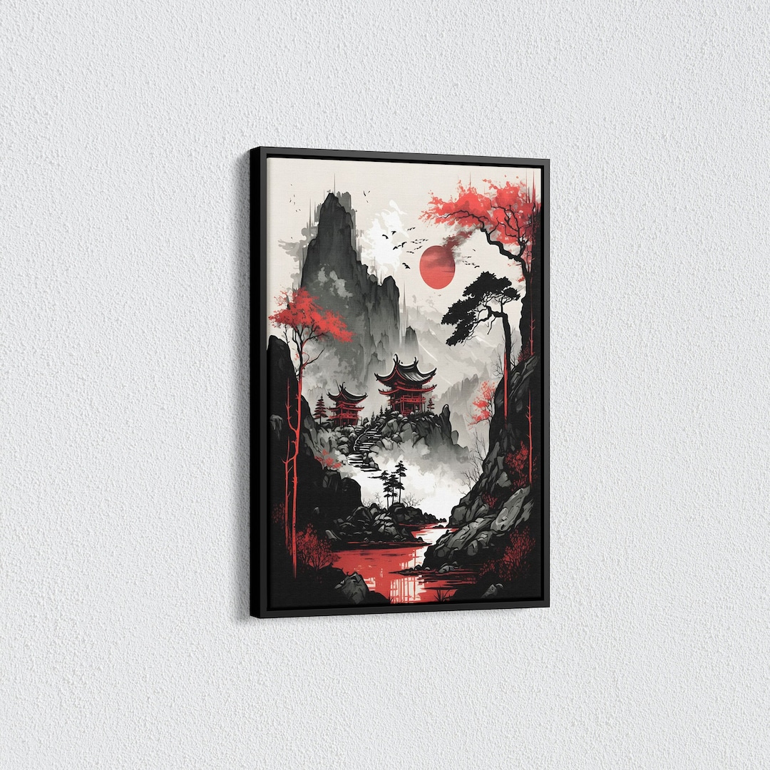 Red Moon Japan Canvas Poster, Japanese Wall Art Red Moon Over, Samurai ...