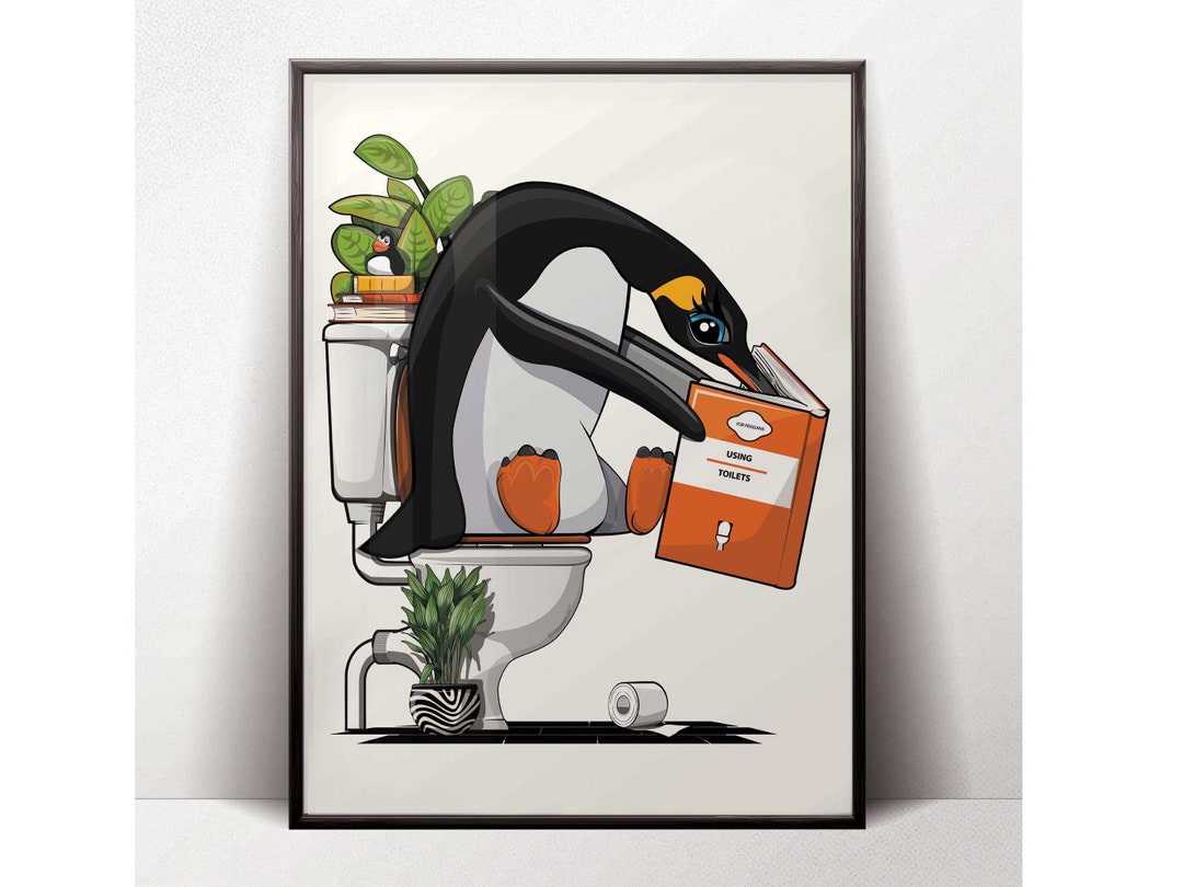 Penguin on the Toilet, Bathroom Poster, Funny Toilet Humour Bathroom ...