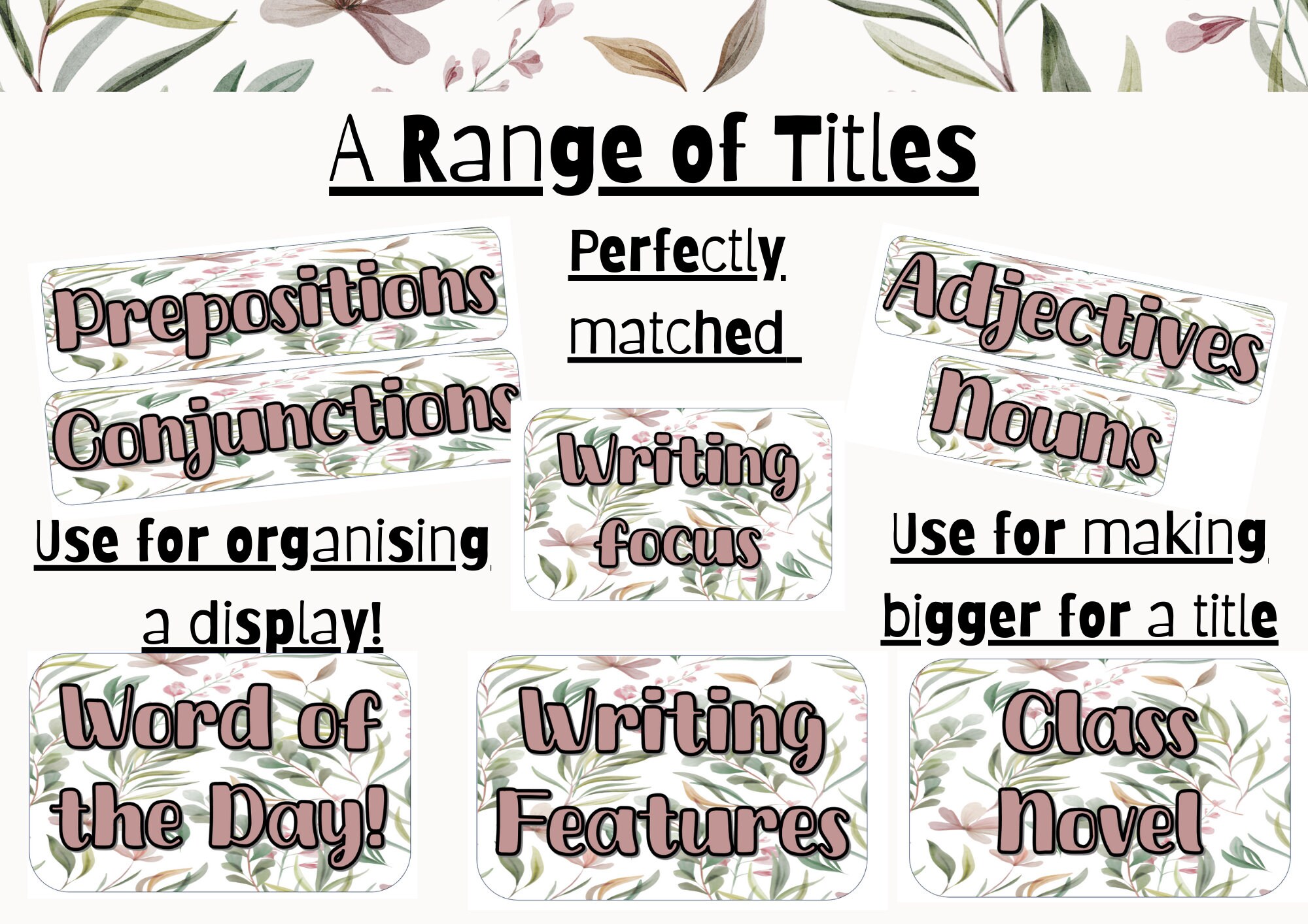 PRETTY FLORAL English Working Wall Display/bulletin Board Lettering ...