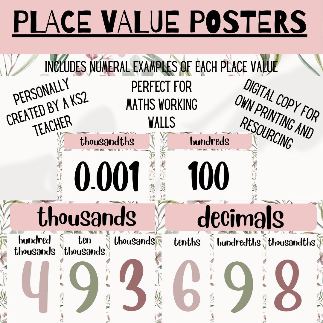 PRETTY FLORAL Place Value Posters for Display and Classroom Use Perfect ...