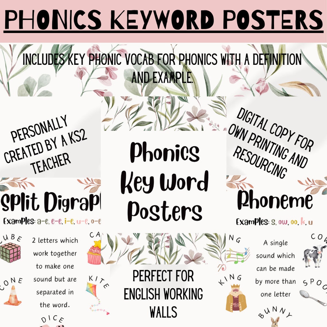 PRETTY FLORAL Phonics Key Word Posters for Display and Classroom Use ...