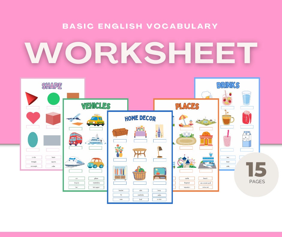 Basic English Vocabulary Worksheets for Kids 15 Pages, PDF File ...