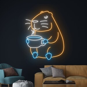 Capybara Coffee Neon Sign, Capybara Cafe Led Sign, Tea Cup Capybara Led ...