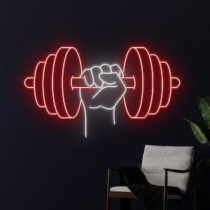 Hand Lifting the Weight Neon Sign, Dumbbell Hand LED Sign, Human Hand ...