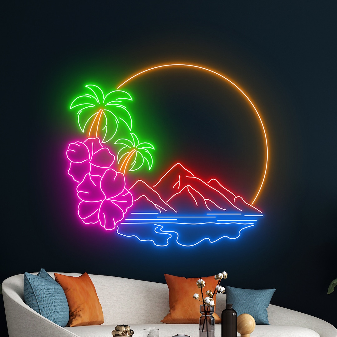 Ocean Palm Tree Mountain Neon Sign, Tropical Island Led Sign, Hello ...