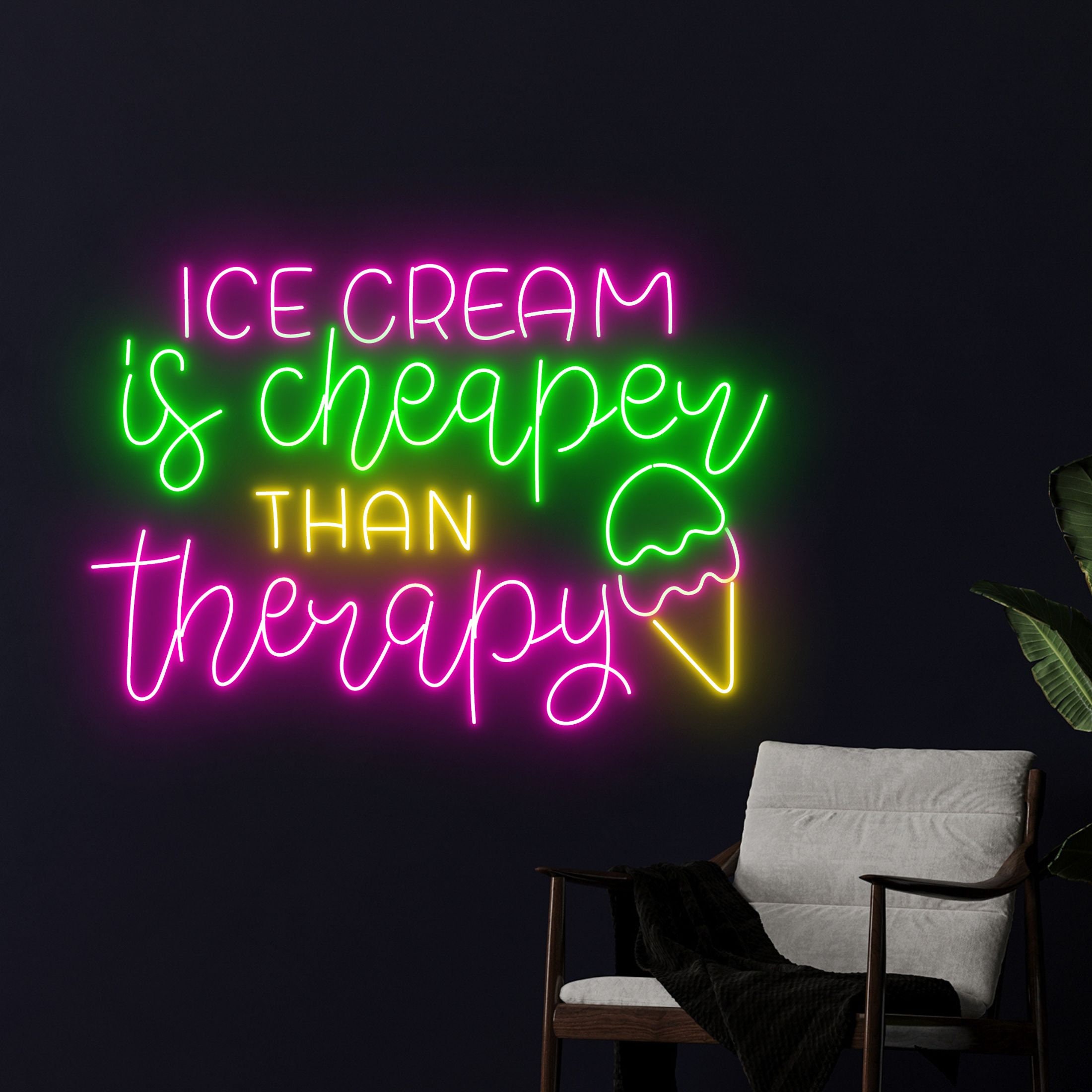 Ice Cream is Cheaper Than Therapy Neon Sign, Ice Cream Cone Led Sign ...