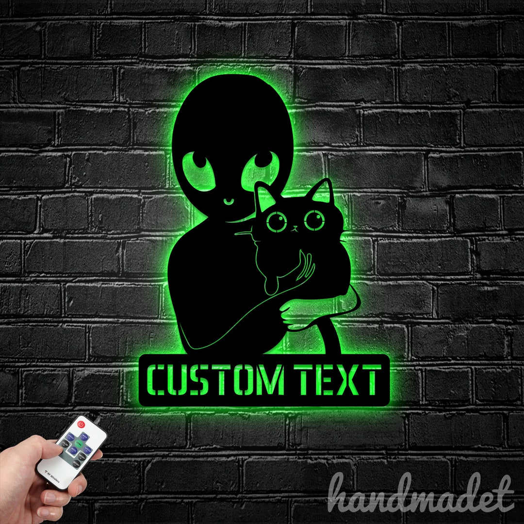 Personalized Alien Hugging A Cat Metal Wall Art LED Light, Custom Cat ...
