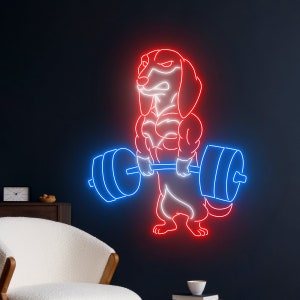 Dachshund Lifting Barbell Neon Sign, Dachshund Neon Sign, Barbell LED ...