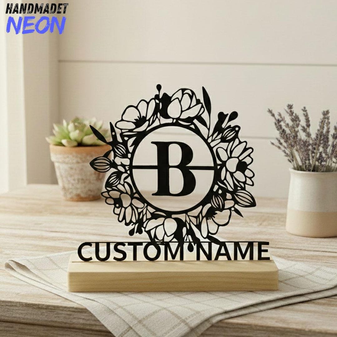 Custom Floral Name Desk Decor, Personalized Flower Monogram Sign, Metal ...