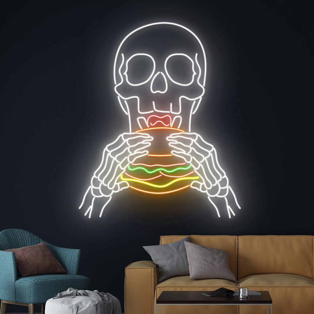 Burger Skeleton Neon Sign, Skeleton Burger Neon Light, Burger Death Led ...