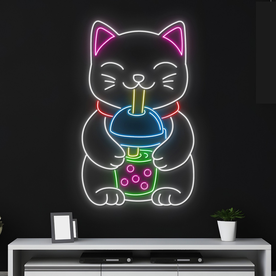 Custom Cat Drinks Bubble Tea Neon Sign, Cat Drinking Boba Tea Led Light ...
