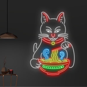 Custom Cat Eating Noodles Neon Sign, Cat Eats Ramen Led Light, Cat Neon ...
