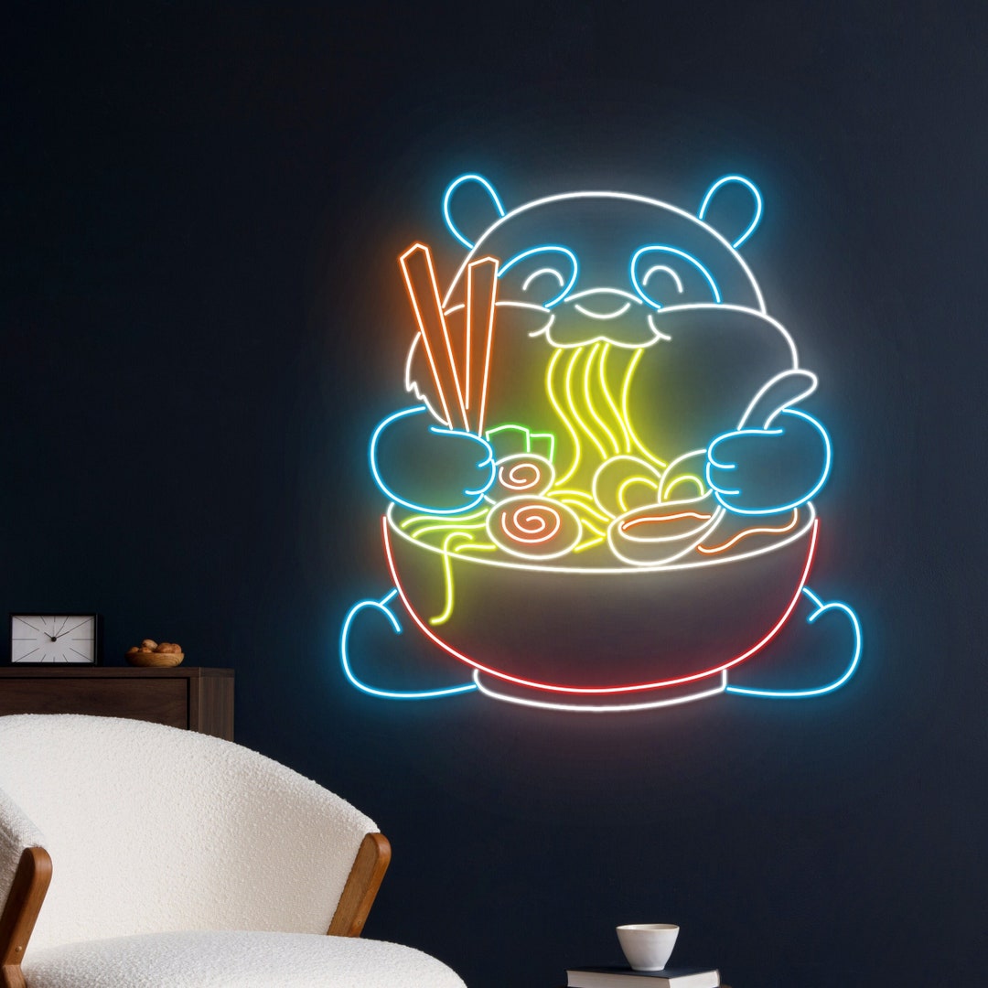Panda Eating Noodles Neon Sign, Panda Eating Ramen Led Sign, Japanese ...