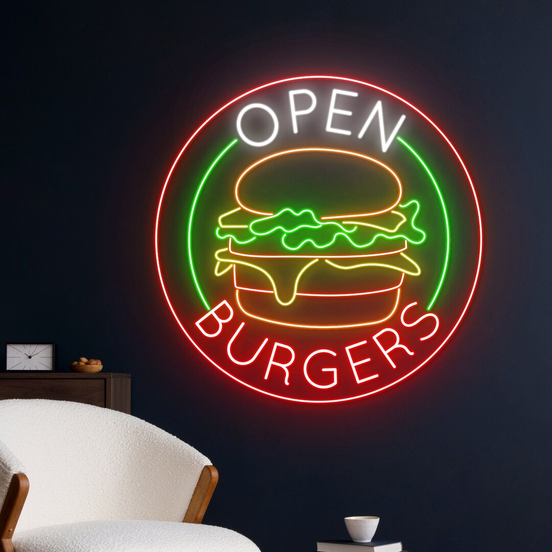 Open Burger Neon Sign, Burger Open Neon Light, Burger Led Light, Fast ...
