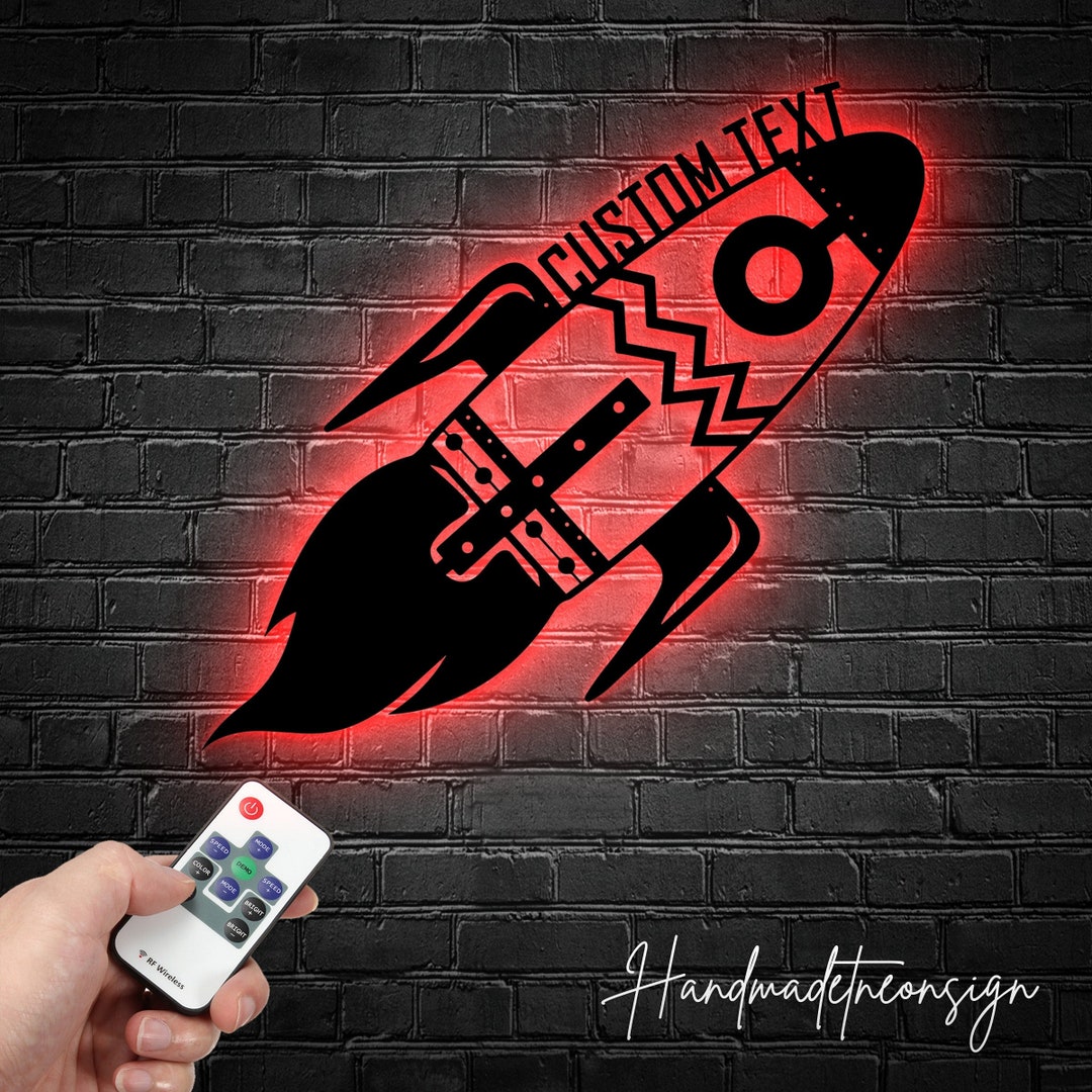 Custom Rocket Metal Wall Art LED Light - Personalized Rocket Name Sign ...