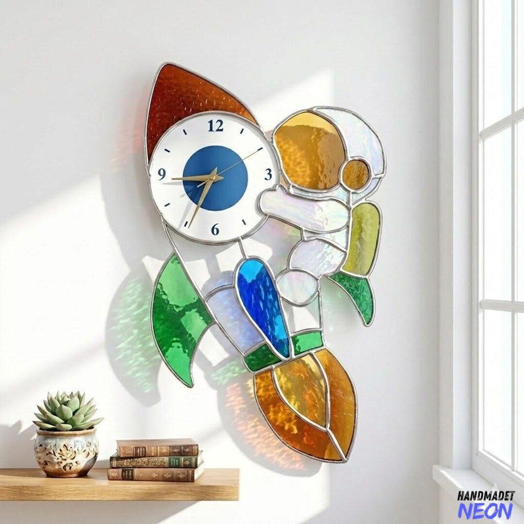 Custom Astronaut Stained Glass Clock, Rocket Ship Suncatcher Wall Decor ...