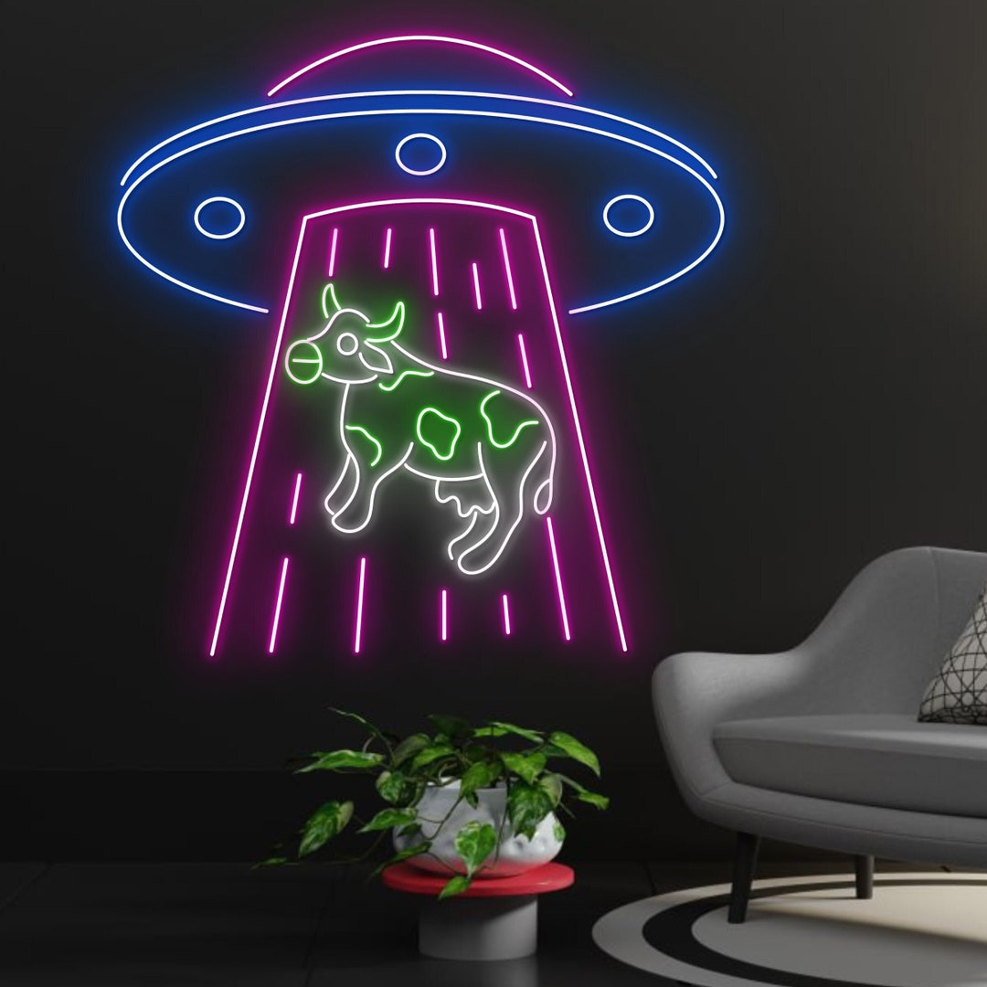 UFO Abduction Dairy Cow Led Sign, UFO Dairy Cow Neon Sign, UFO Led ...