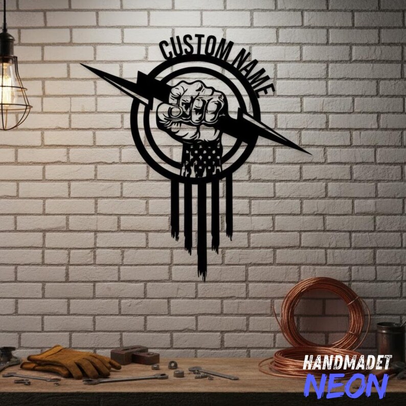 Personalized Electrician Metal Sign, Hand Holding Lightning Bolt Metal ...