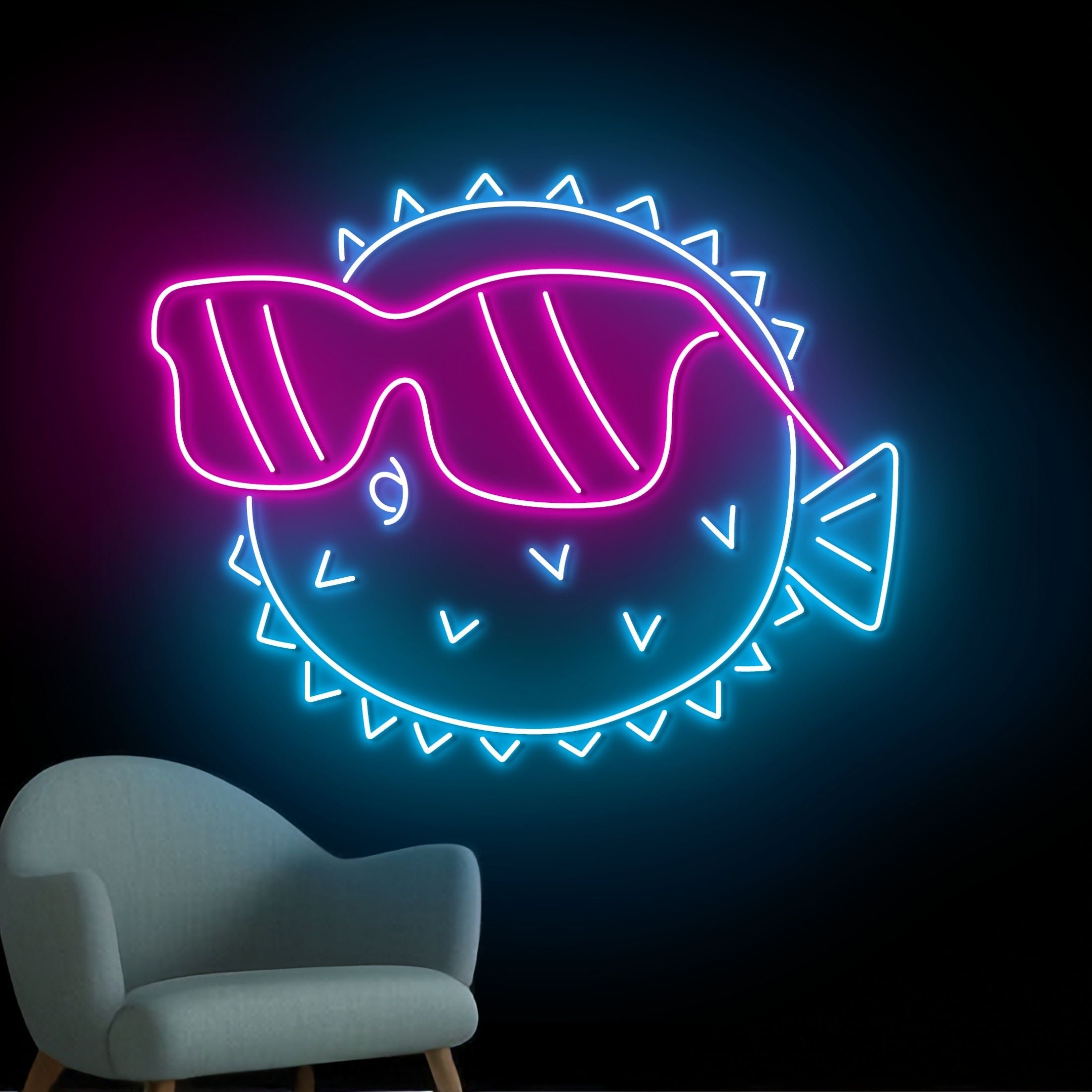 Puffer Fish Neon Wall Sign, Fish Sunglasses Led Wall Sign, Animal Neon ...