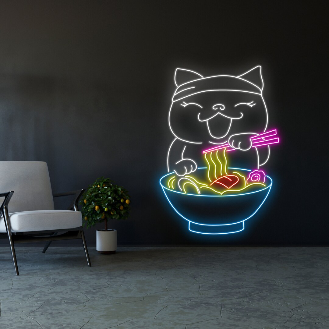 Cat Eating Ramen Neon Sign, Ramen LED Light, Japanese Noodles Neon ...
