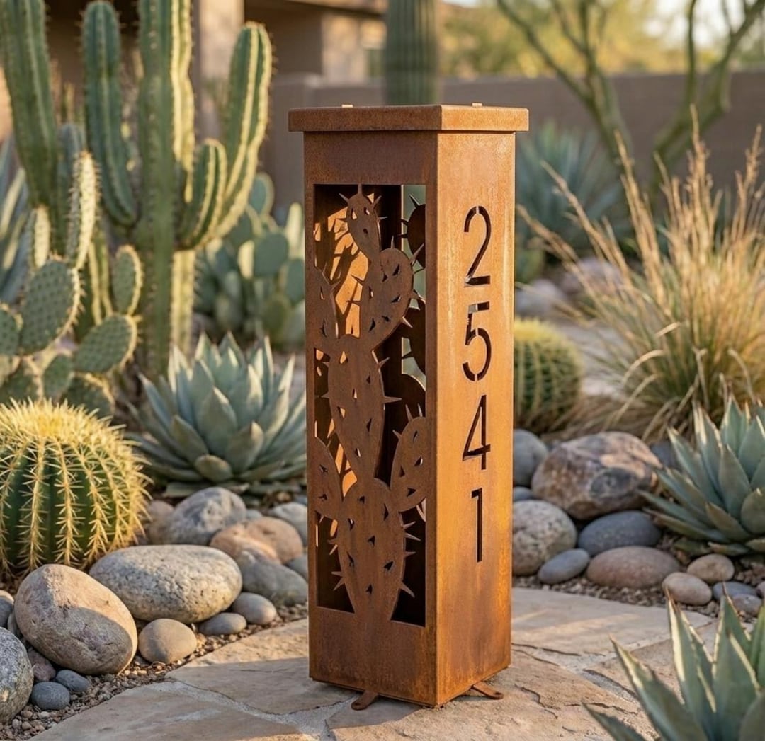 Cactus Metal Garden Column Address Sign, Desert House Numbers Light Box ...
