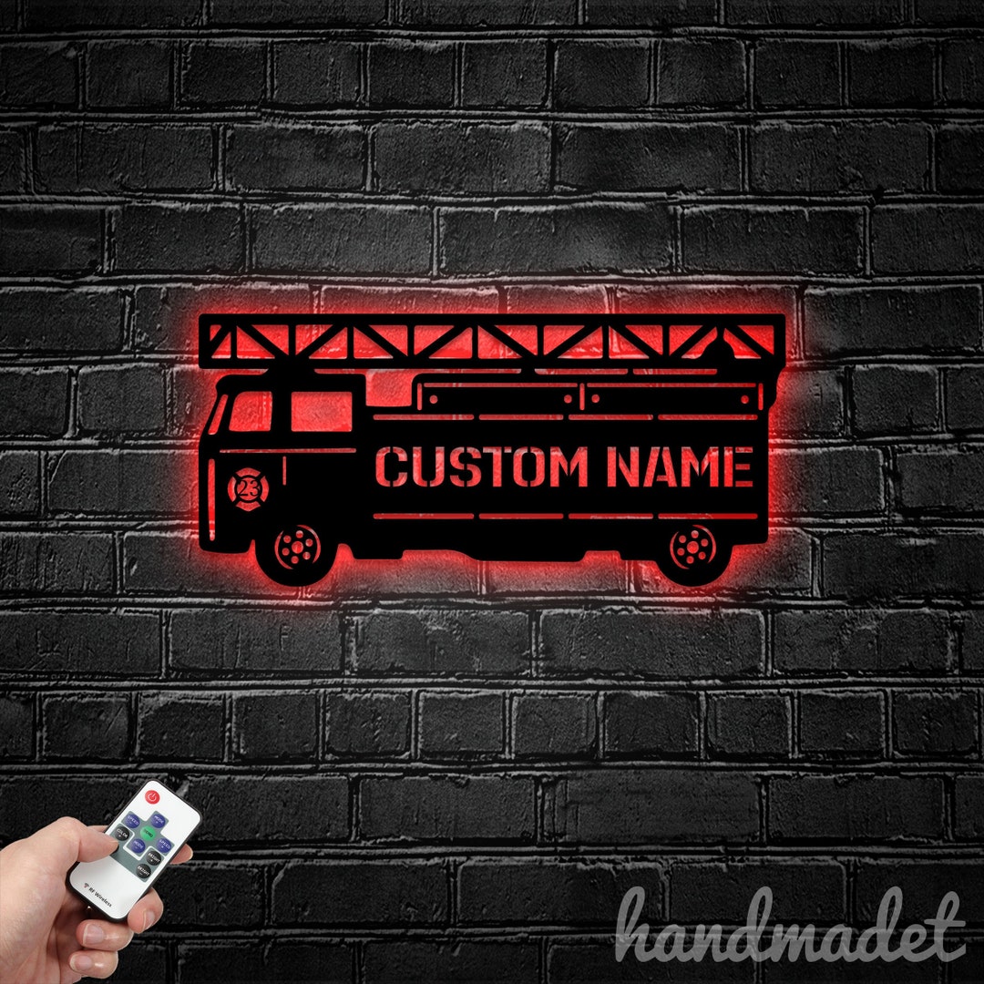 Personalized Fire Truck Metal Wall Sign, Fire Fighter Metal Wall Light ...