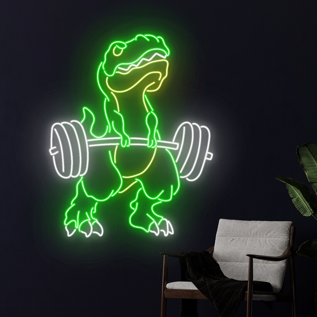Dinosaur Lifts the Weight Neon Sign, Dinosaur Dumbbell LED Sign ...