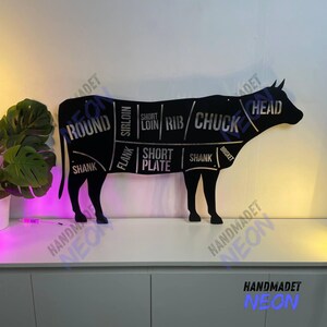 Personalized Cow Beef Cuts Metal Wall Art LED Light, Custom Meat ...