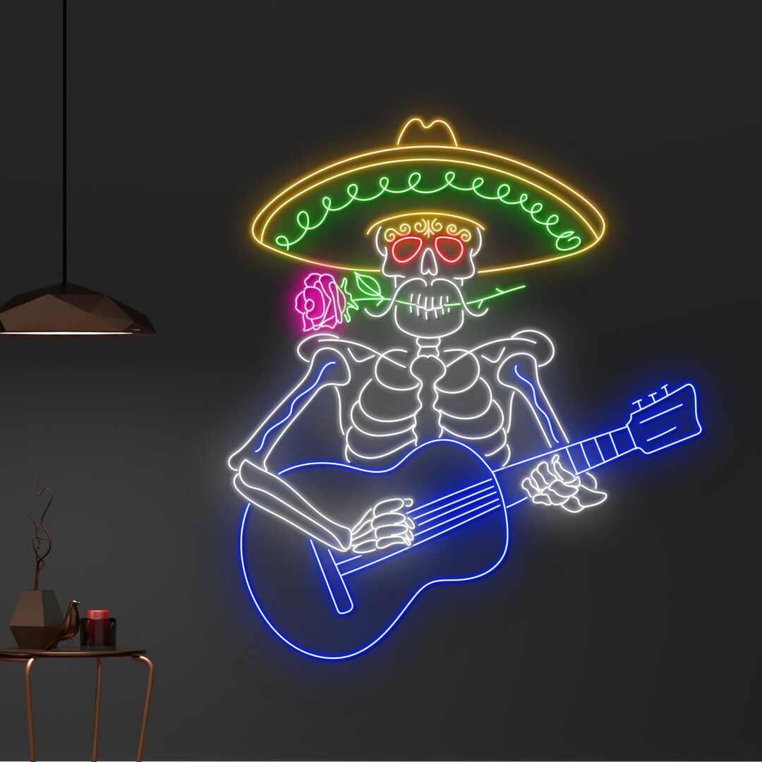 Custom Mexican Skeleton Playing Guitar Neon Sign, Skeleton in Sombrero ...