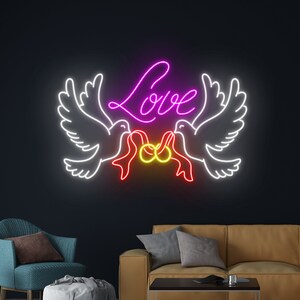 Love Dove Rings Neon Sign, Flying Pigeon Lover LED Light, Couple Bird ...